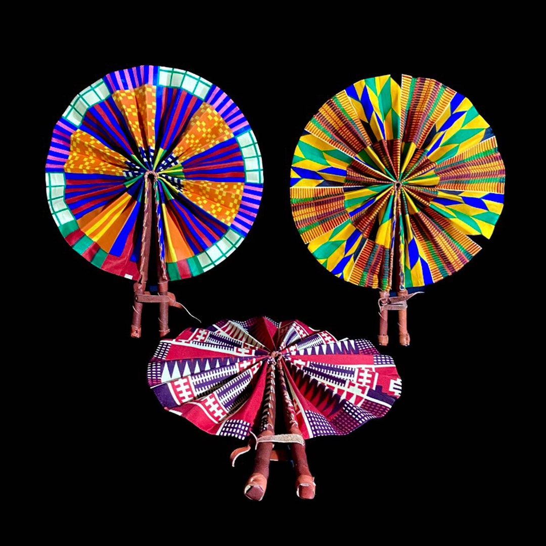 3 African Kente Fabric Fan African Fan Leather Ankara Fan Wedding ...