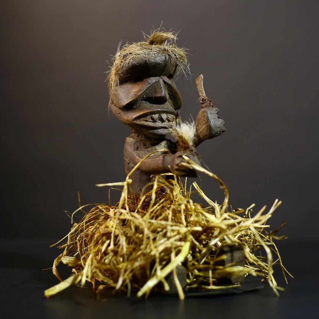 African Raffia Skirt Wooden Statue Yaka Fetish Art Figure Unique Voodoo ...