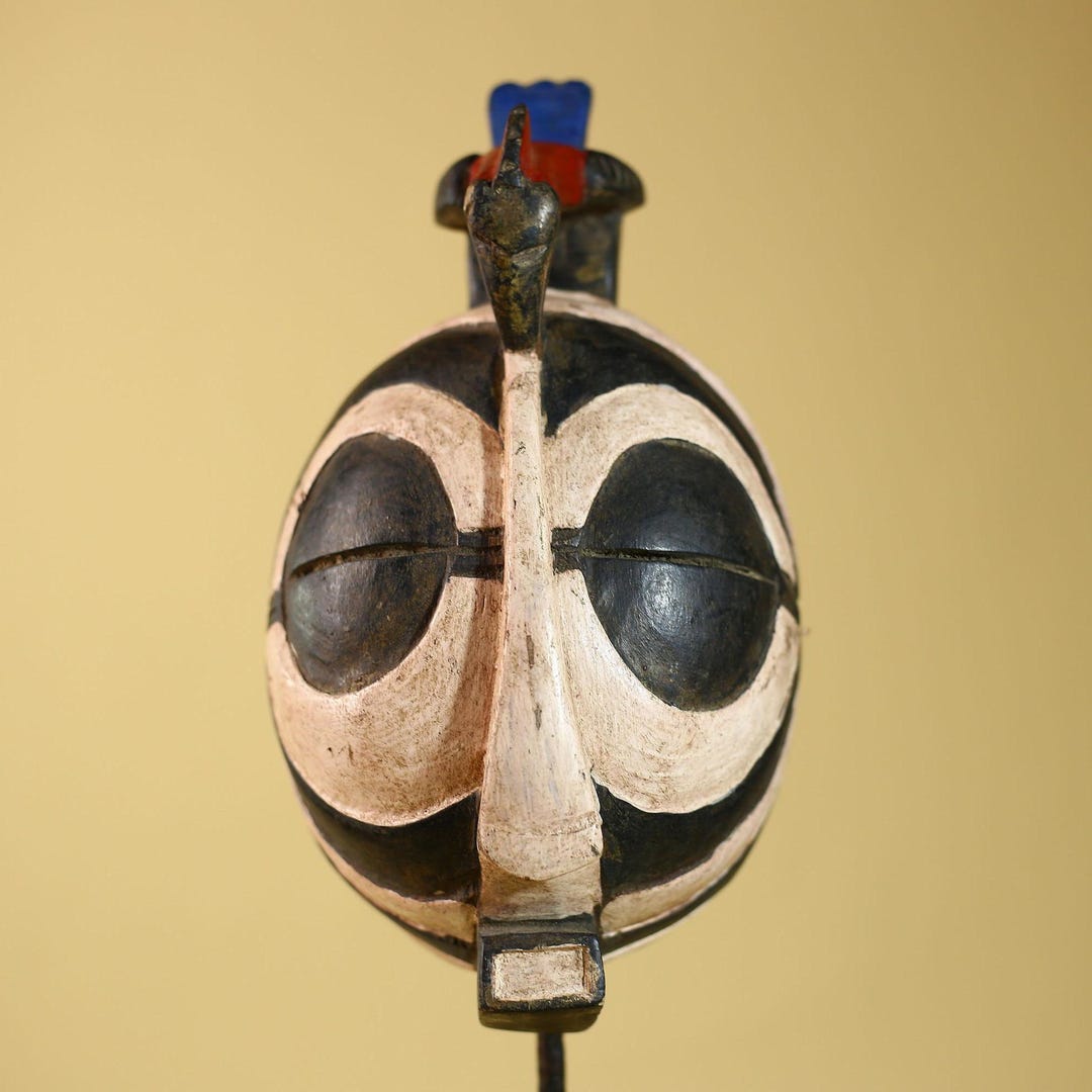 African Vintage Black White Tribal Mask With Bird Crest Carved Wall Art ...