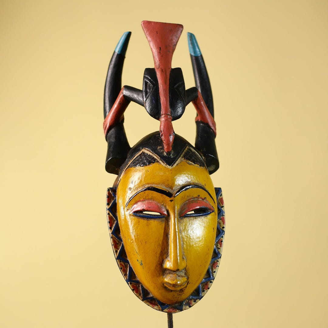 African Mask Baule Horned Crest Wooden Art Tribal Wall Decor-g6117 - Etsy