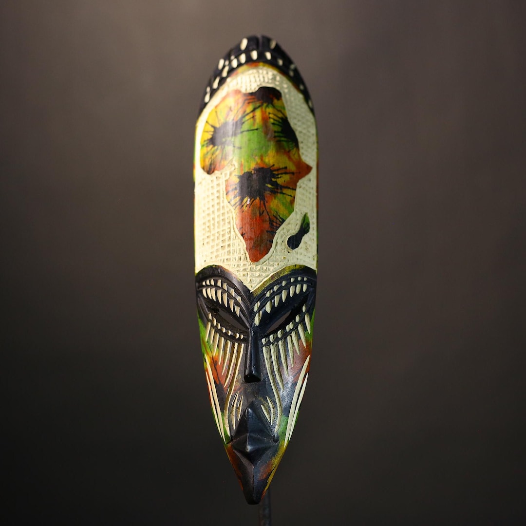 Painted African Mask Wall Art Hand Carved Wood Decor With Map Design ...
