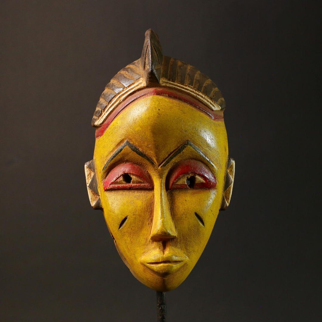 African Guro Mask | Vintage Hand Carved Yellow Wood Art | Baule Tribe ...