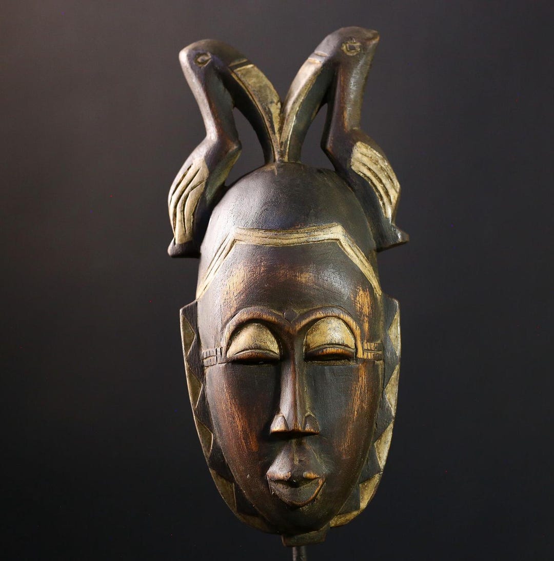 African Mask Baule Wooden Bird Crest Carving Tribal Home Decor Wall ...