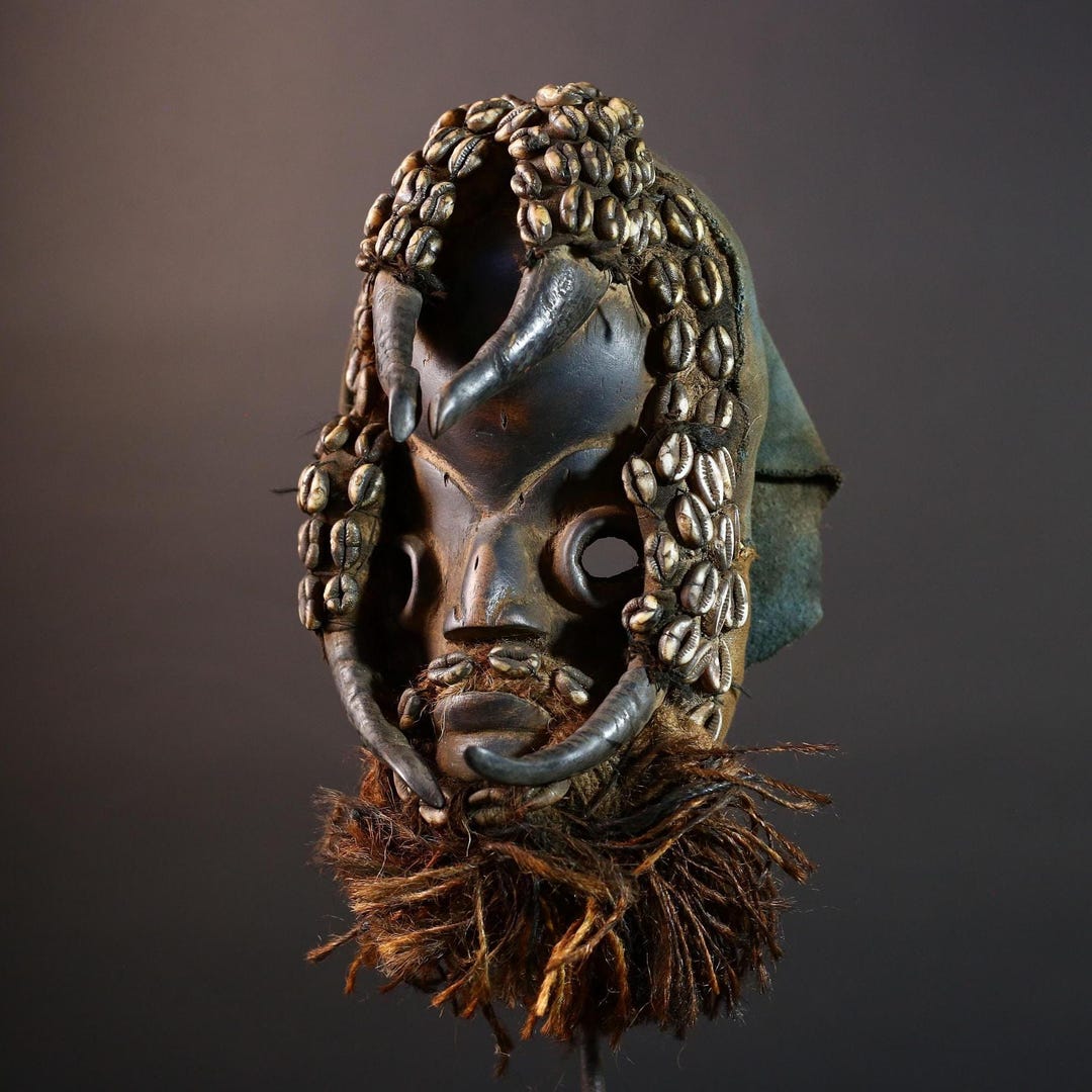 African Dan Cowrie Shell Mask Hand-carved Wood Sculpture Tribal Spirit ...