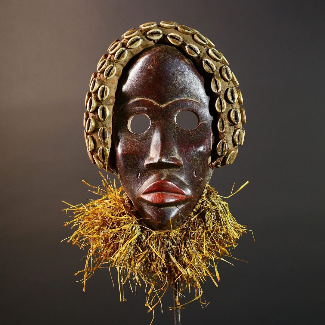 African Dan Mask Cowrie Shell Raffia Beard Hand Carved Wooden Ethnic ...