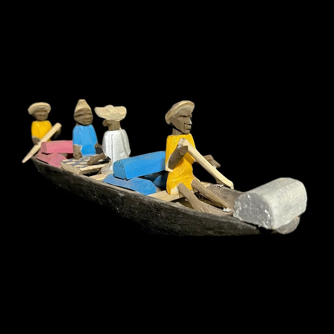 African Wooden Sculpture 4 Figures Handcrafted Boat Statue Water Boat ...