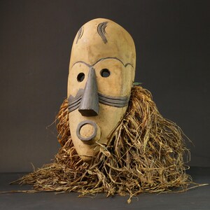 African Lega Mask | Hand-carved Wood Sculpture | Natural Raffia Fringe ...