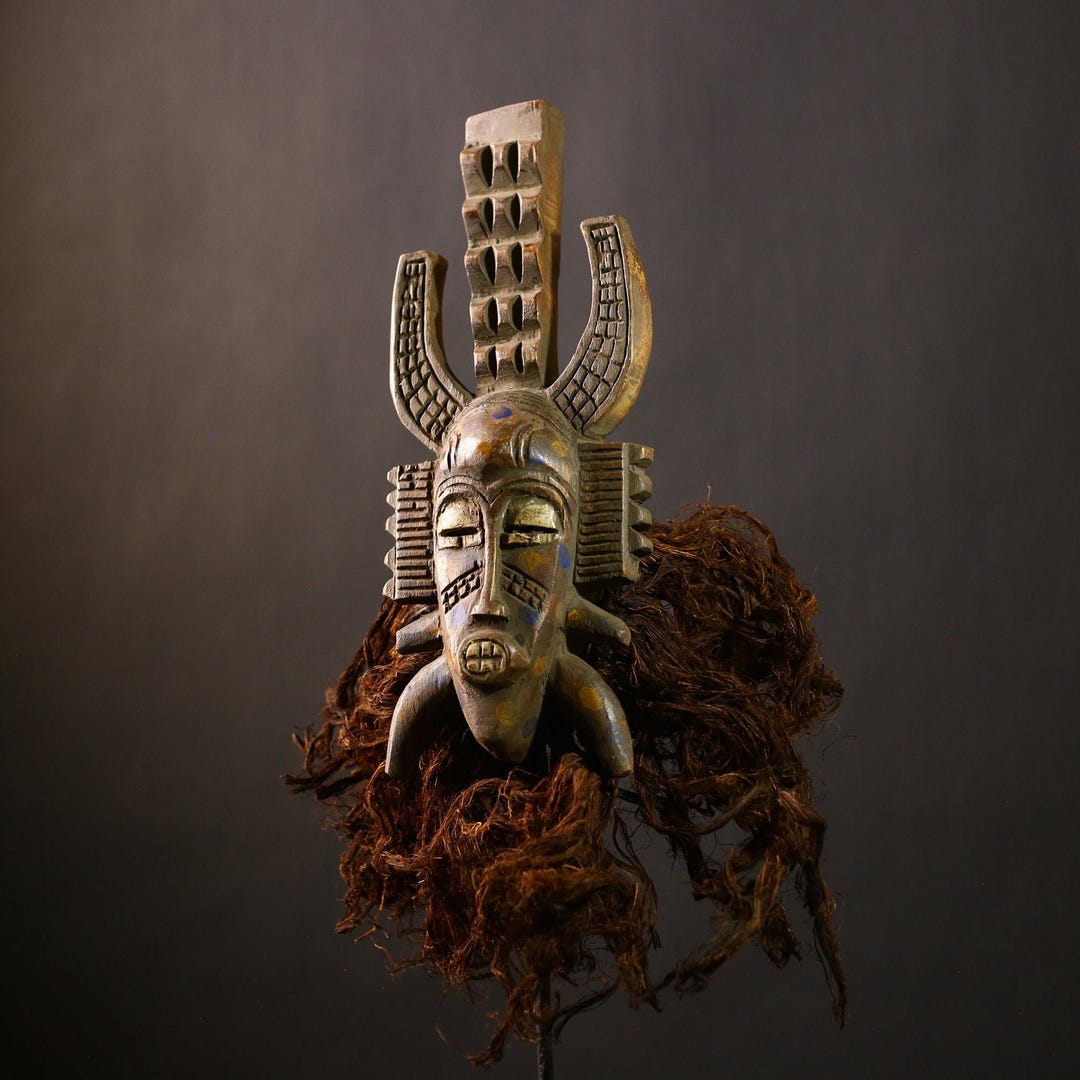 Vintage Senufo Kpelie Mask: Ivory Coast Tribal Art, Raffia & Wood Wall ...
