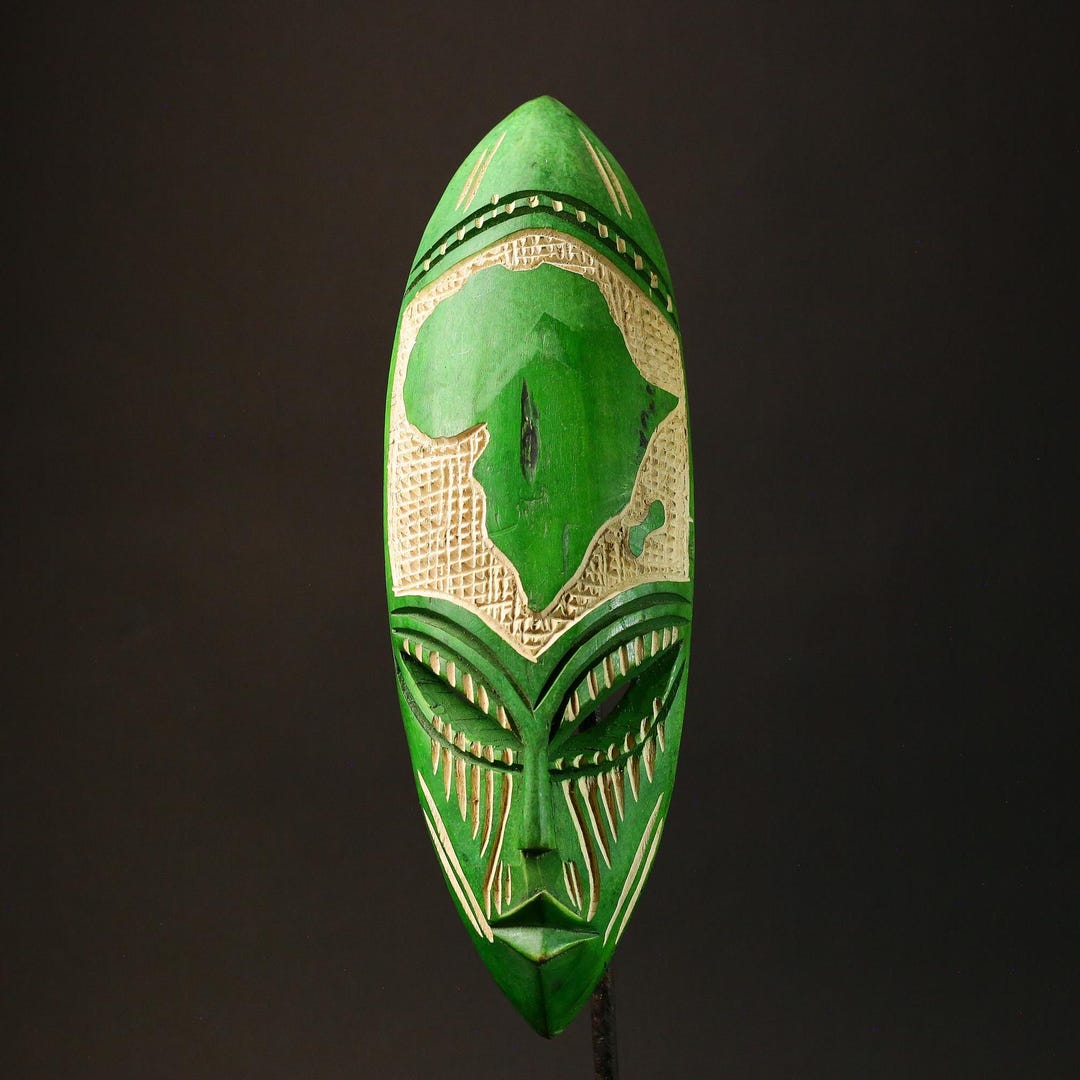 African Wall Mask Hand Carved Green Wood Africa Map Tribal Art Decor ...