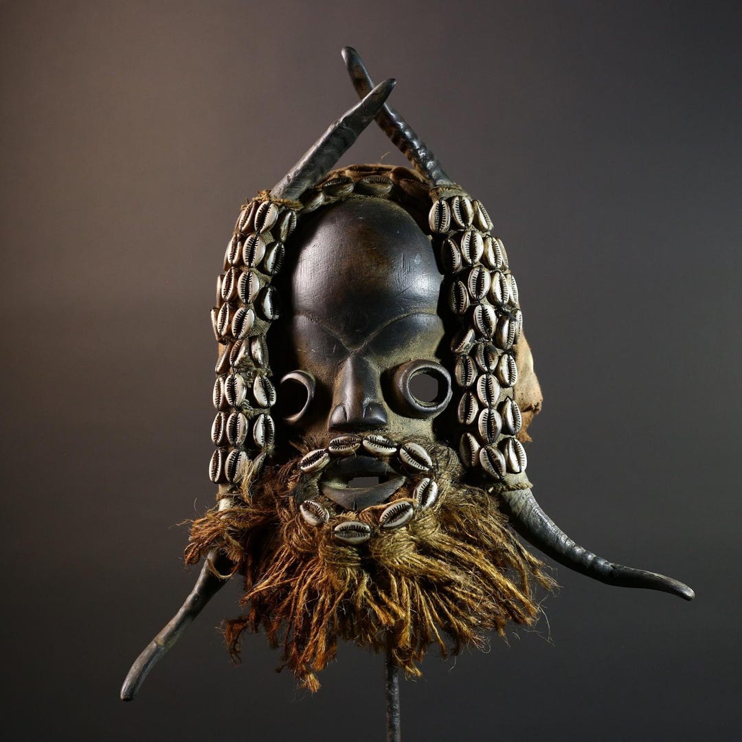 African Dan Mask: Cowrie Shells, Antelope Horns, Raffia Beard-g5673 - Etsy