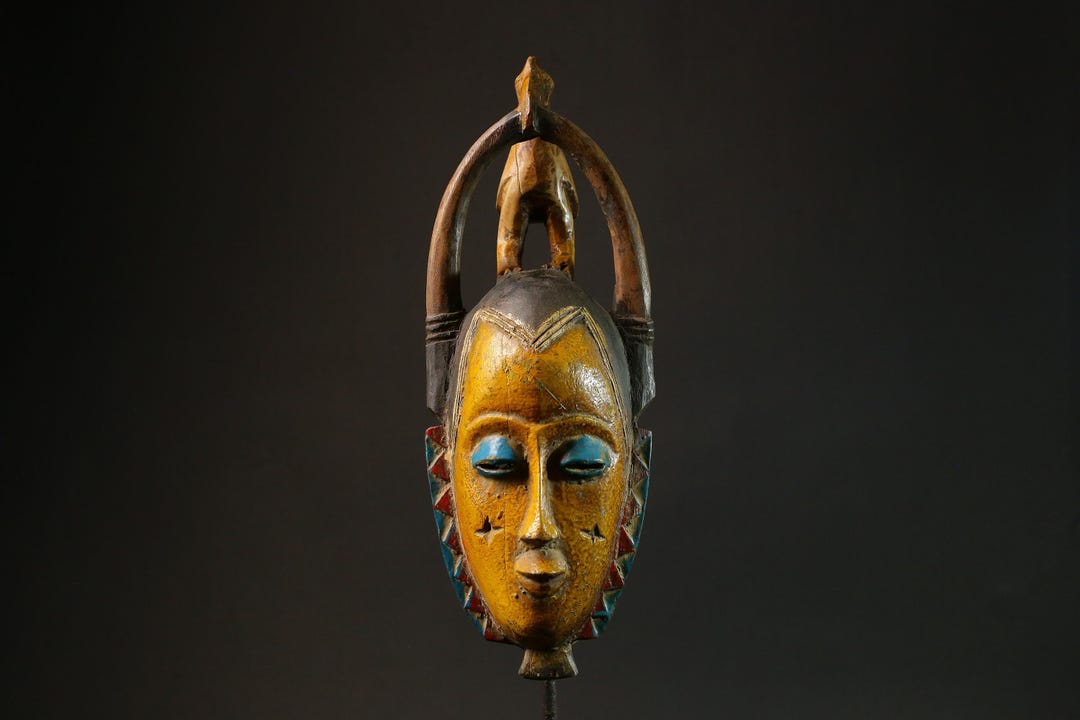 African Yellow Carved Wood Baule Mask Wall Hanging Decor With Water ...