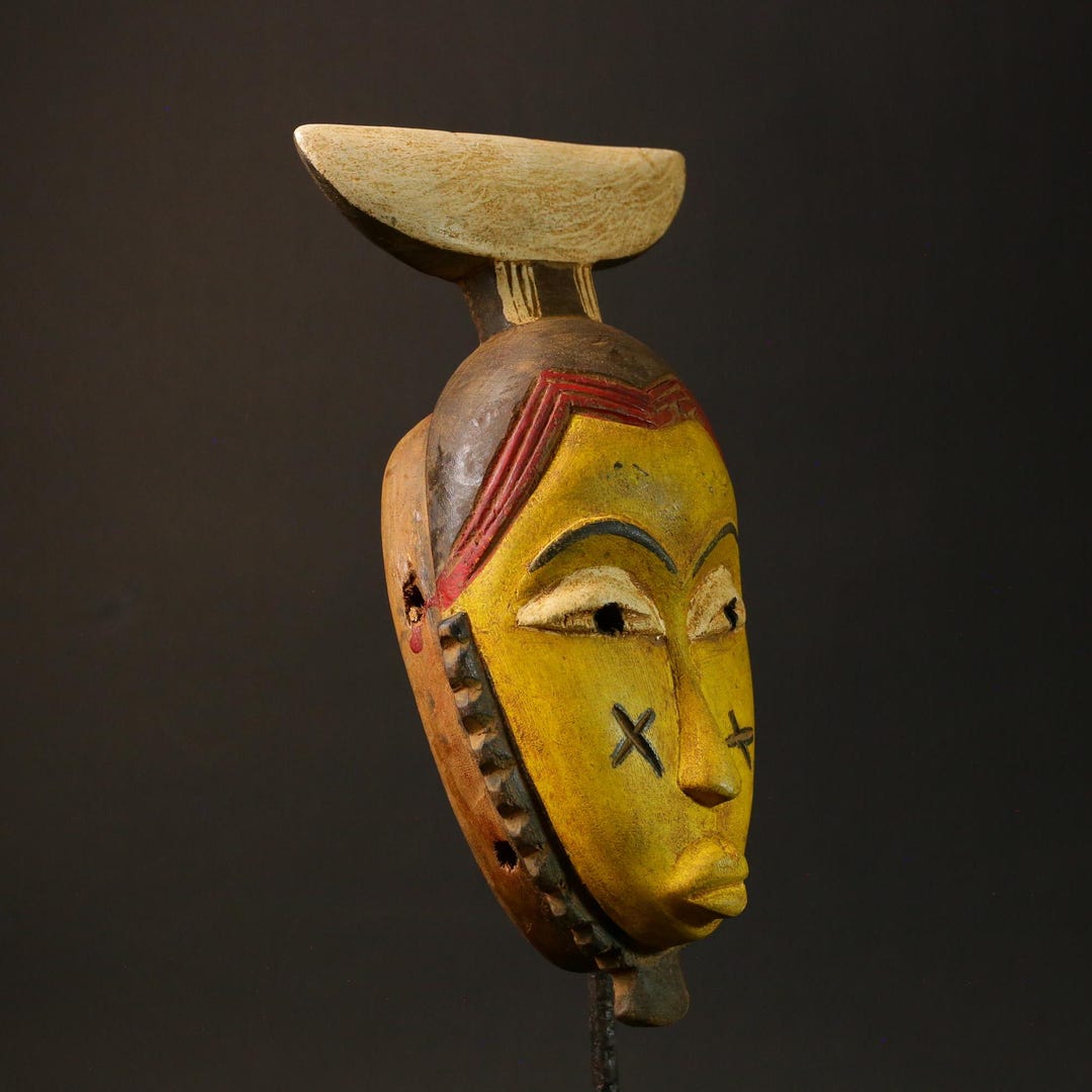 African Guru Bula Mask Hand Carved Yellow Wood Art Unique Wall Hanging ...