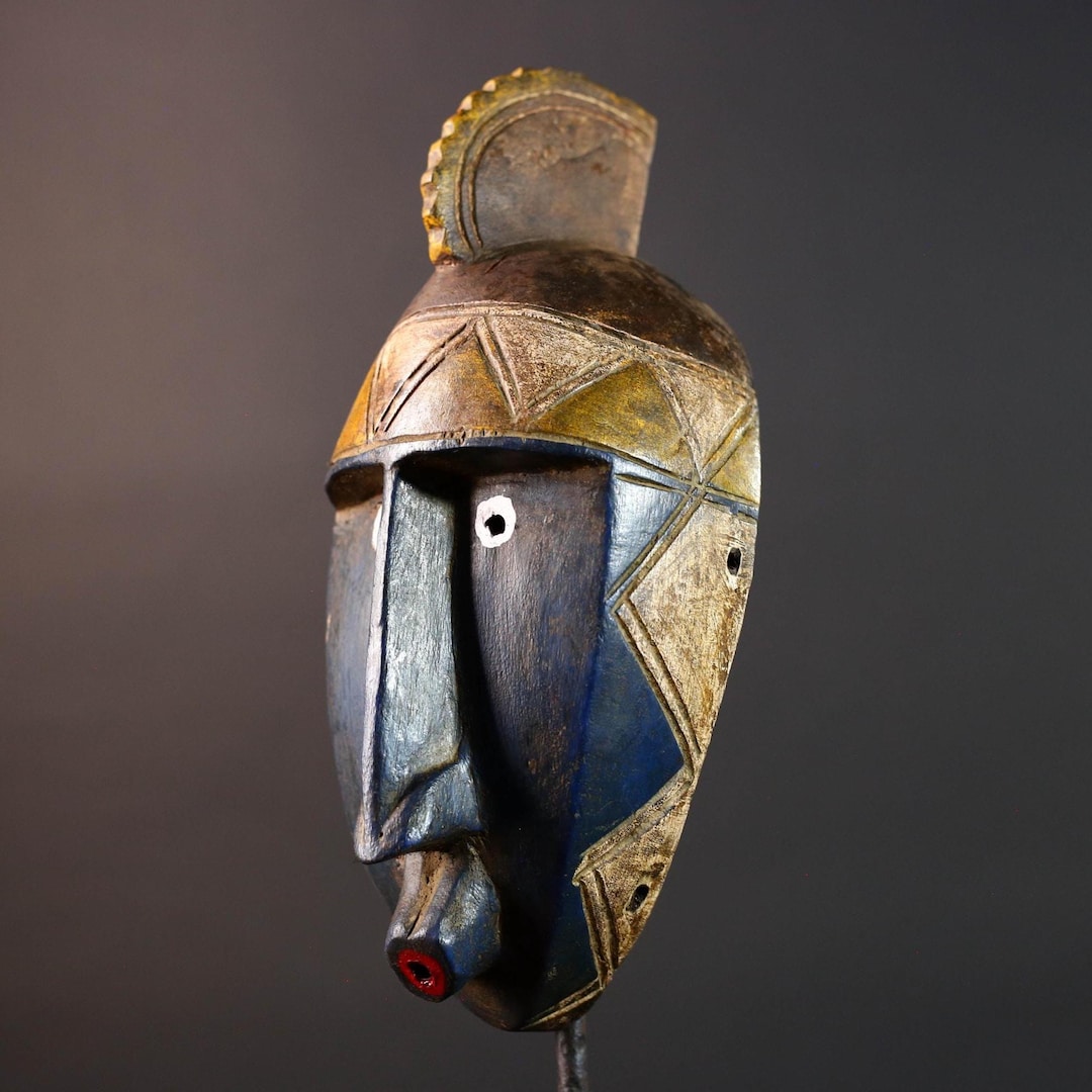 African Mask Bwa Tribe Blue Face Wall Decor With Carved Triangular ...