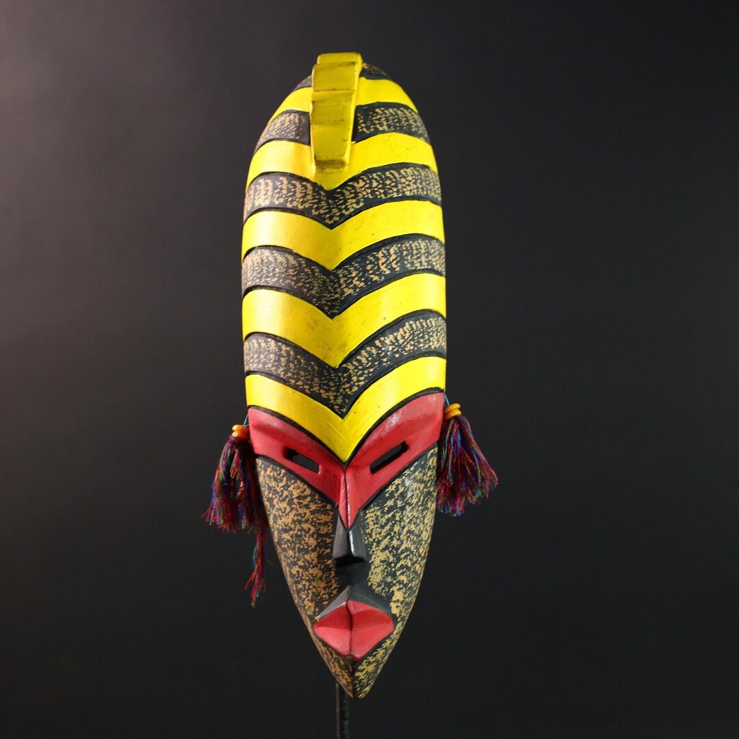 African Tribal Mask Yellow Black Chevron Face Carving With Red Eyes and ...