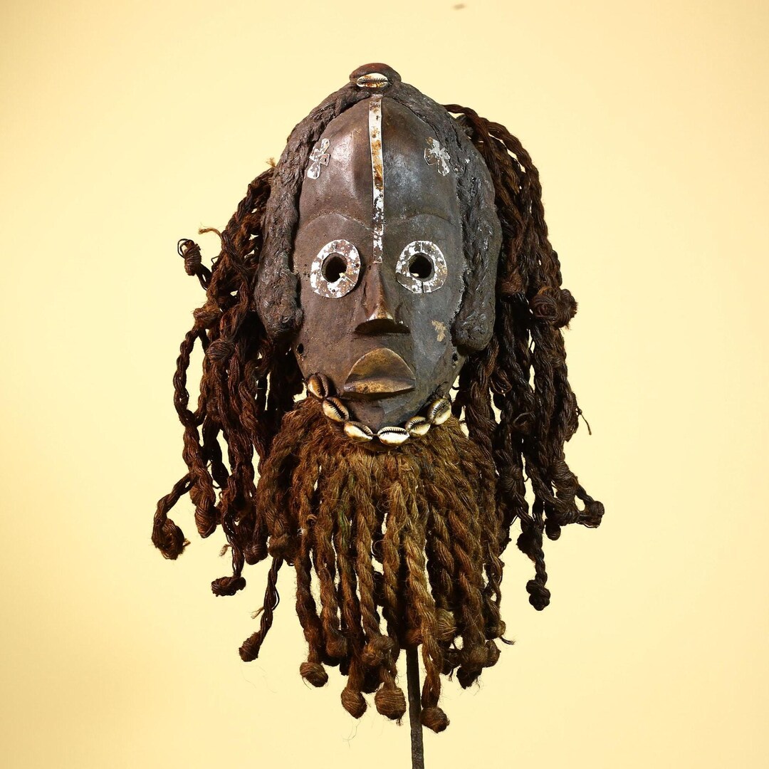 African Dan Gio Mask Wood Metal Inlay Fiber Hair Cowrie Tribal Liberia ...