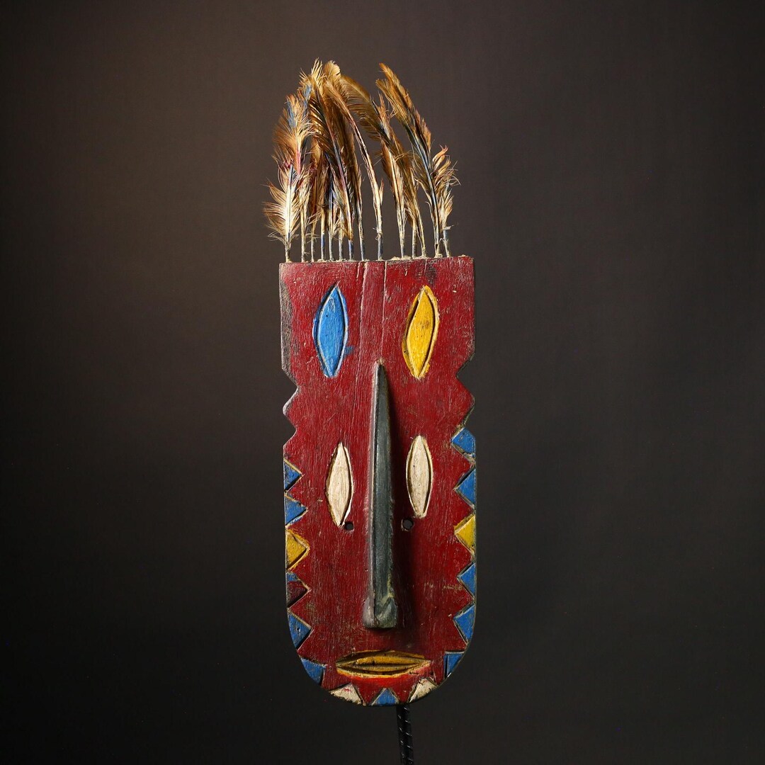 African Wall Mask Bwa Tribal Decor With Feathers Red Geometric Wooden ...