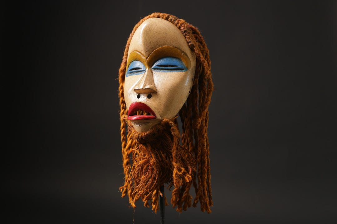 African Tribal Mask Raffia Beard Blue Eyelids Red Lips Braided Fiber ...