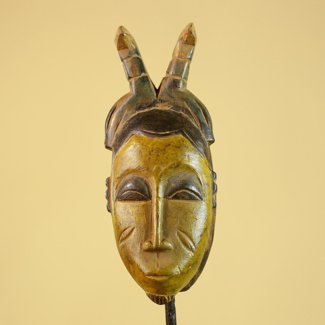 African Baule Horned Mask Wood Carving – West African Tribal Ritual Art ...