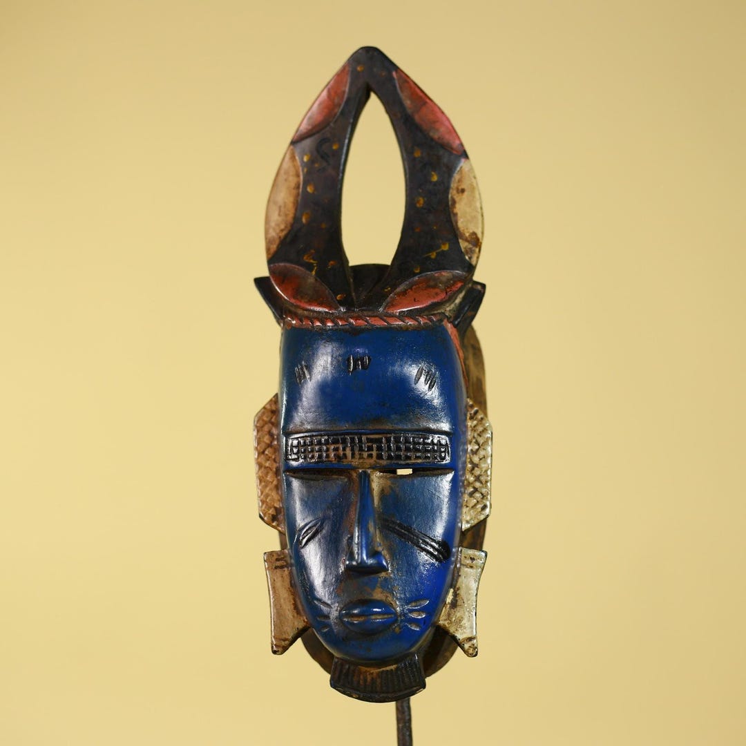 African Mask Blue Face Horned Crest | Wooden Art Tribal Wall Decor ...