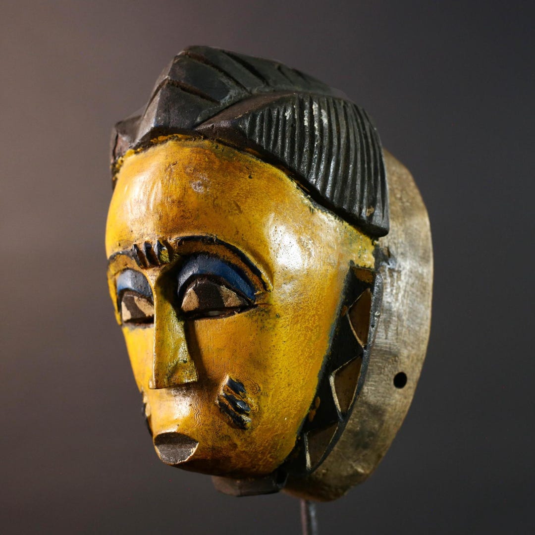 African Baule Mask Yellow Face Carved Wood Mask With Blue Eyelids ...