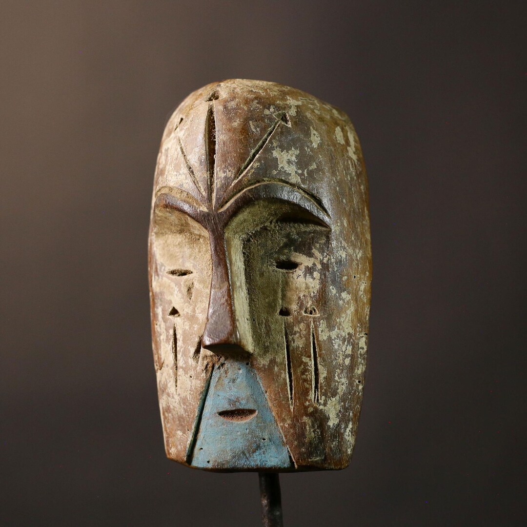 African Wood Mask Kwele Tribe Ritual Face With Blue Mouth Triangle ...