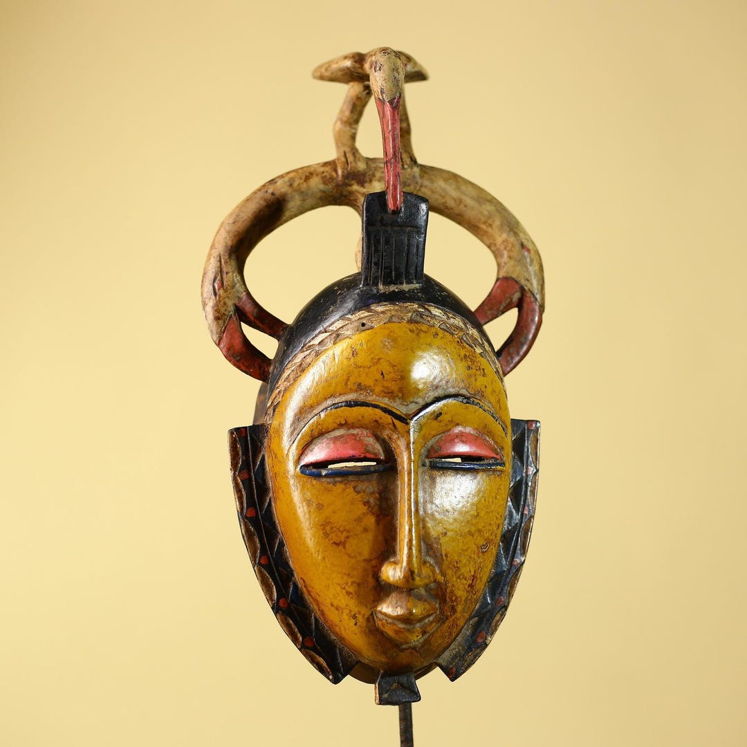 African Mask Baule Bird Crest Wooden Cote D'ivoire Art Tribal Wall ...
