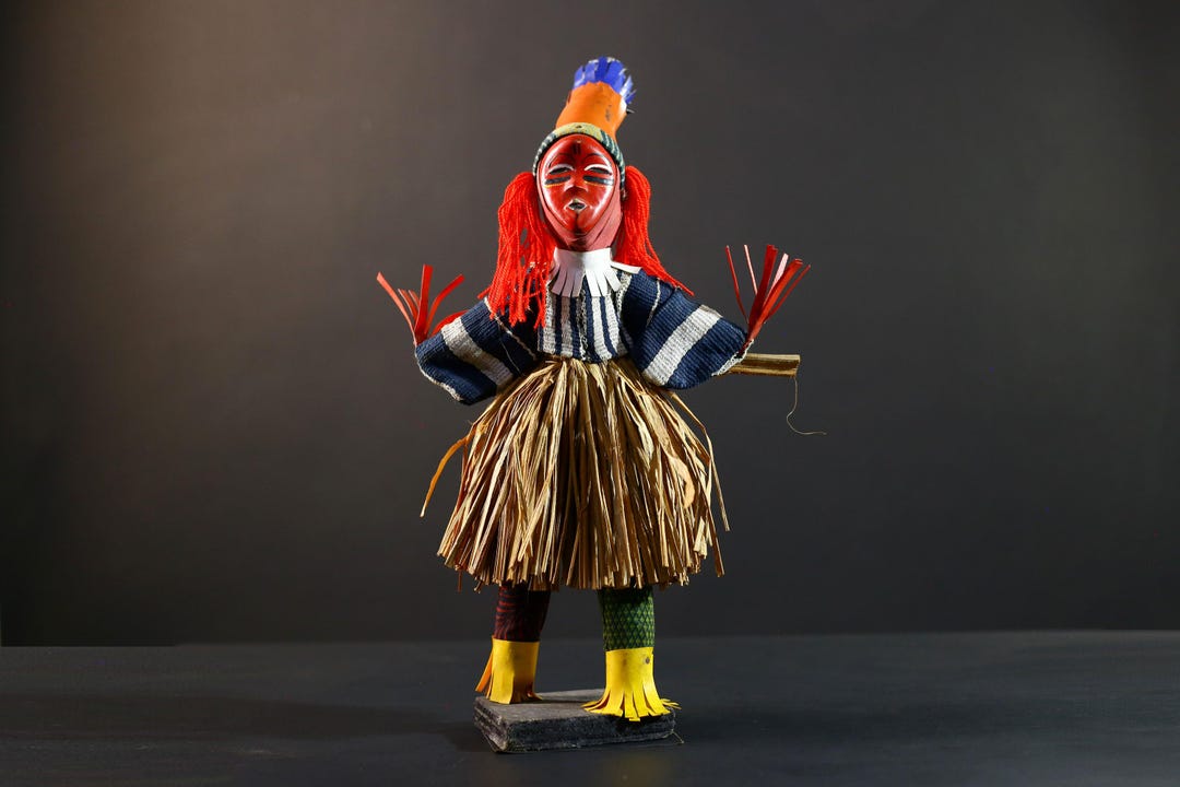 African Dance Doll Red Raffia Costume Tribal Art Handmade Decor ...