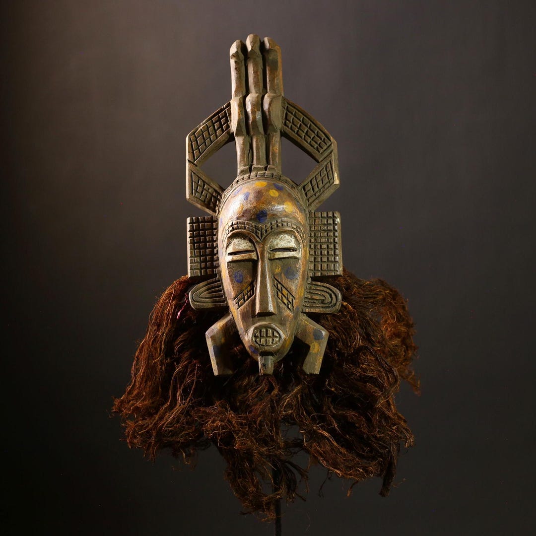 African Mask Wall Art – Senufo Kpelie Raffia Mask | Ivory Coast Tribal ...