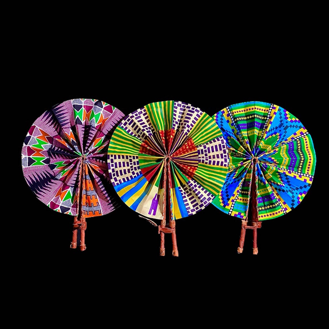 3 African Kente Fabric Fan African Fan Leather Ankara Fan Wedding ...