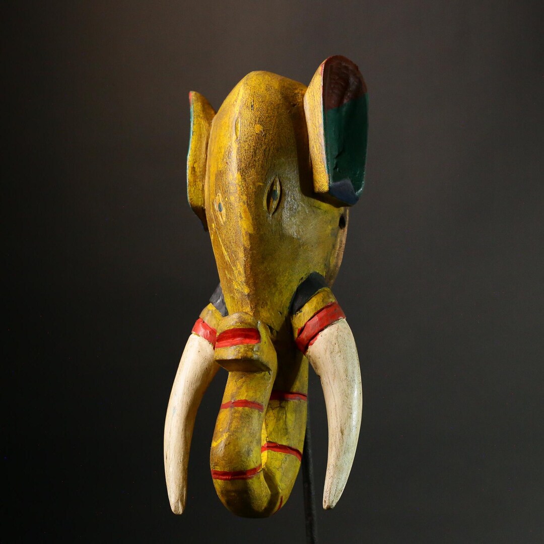 African Mask Guro Elephant Carving Tribal Wall Decor Yellow Head White ...