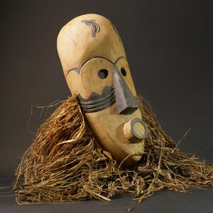 African Lega Mask | Hand-carved Wood Sculpture | Natural Raffia Fringe ...