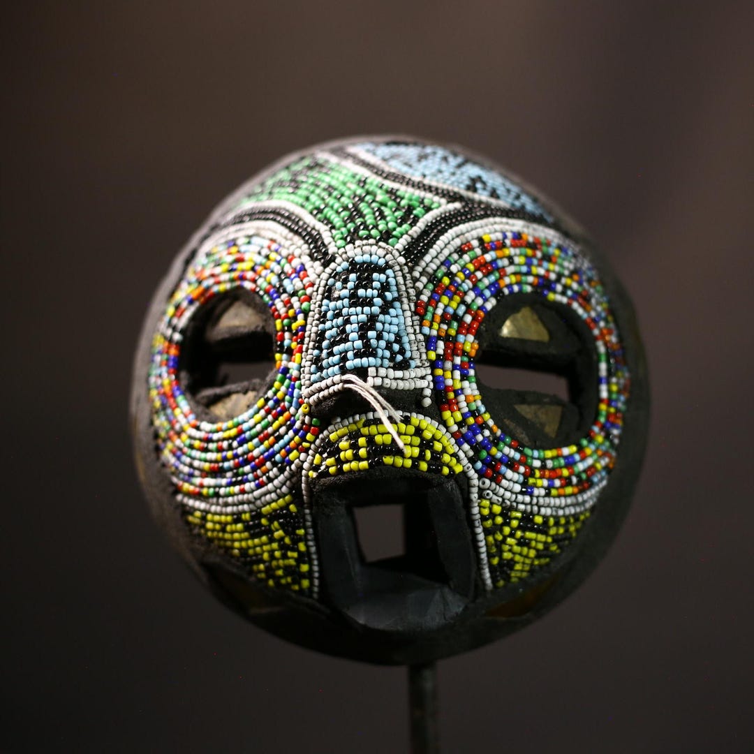 African Ashanti Mask | Hand Carved Wooden Art | Beaded Wall Decor ...