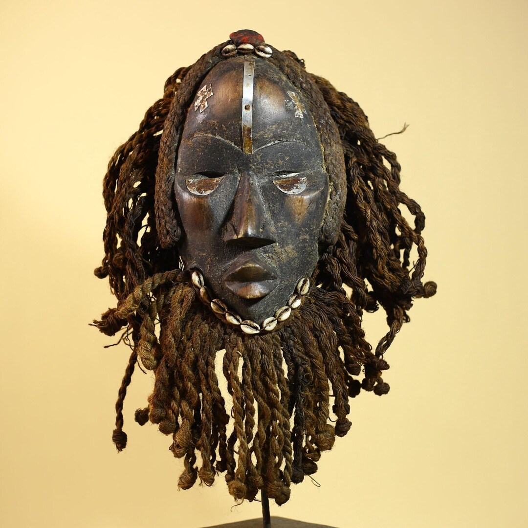 African Antique Dan Mask With Cowrie Beard & Braided Fiber Hair Tribal ...