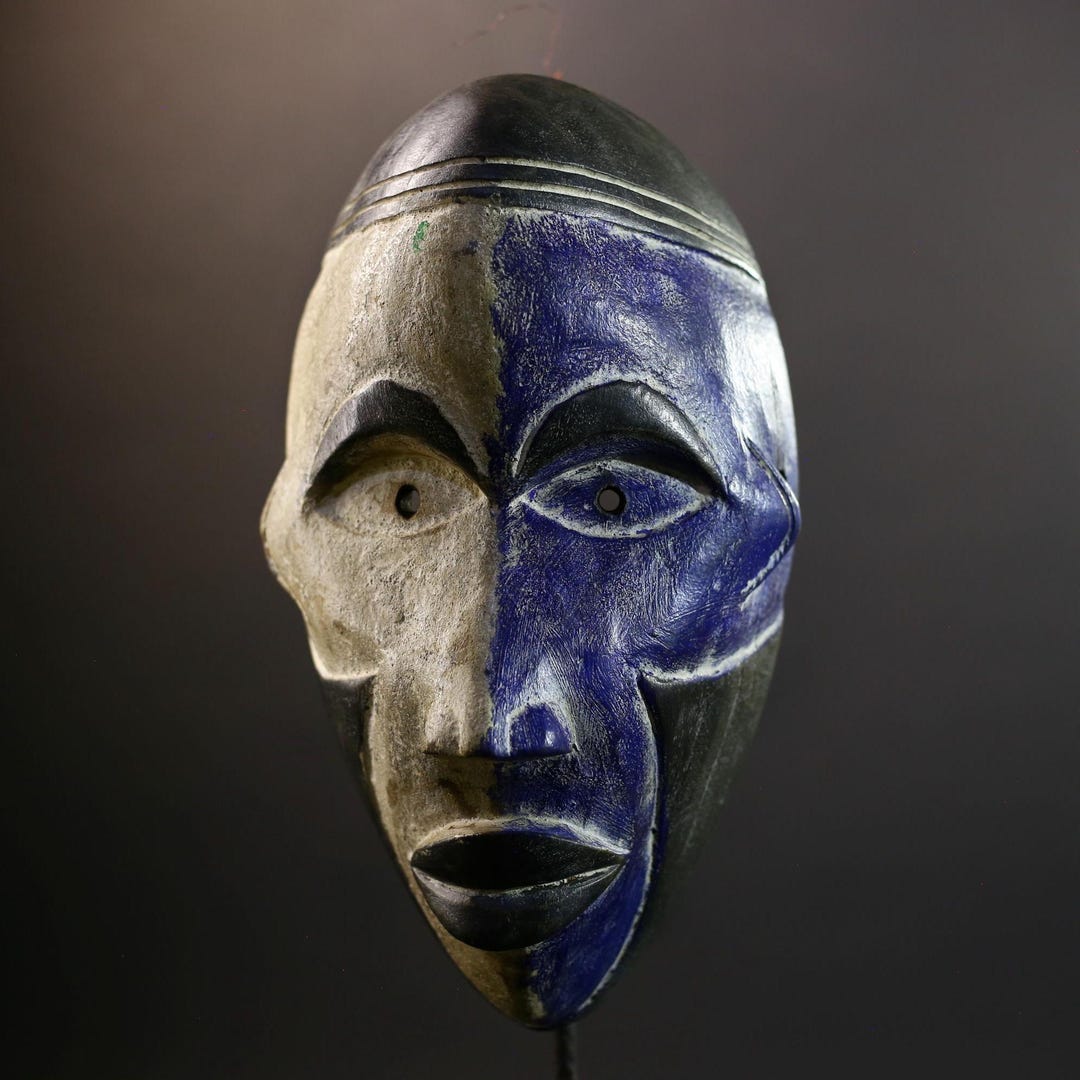 African Mask | Pende Split-face | Blue White Wall Decor | Hand-carved ...
