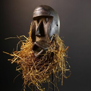 African Raffia Mask | Hand-carved Wood Figurine | Tribal Fringe Decor ...