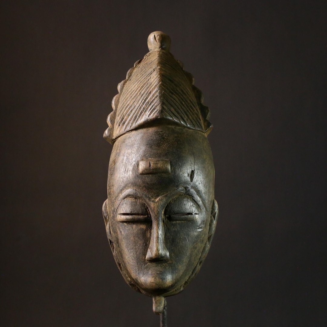 African Wall Mask Baule Carved Wood Face With Long Crest Tribal Art ...