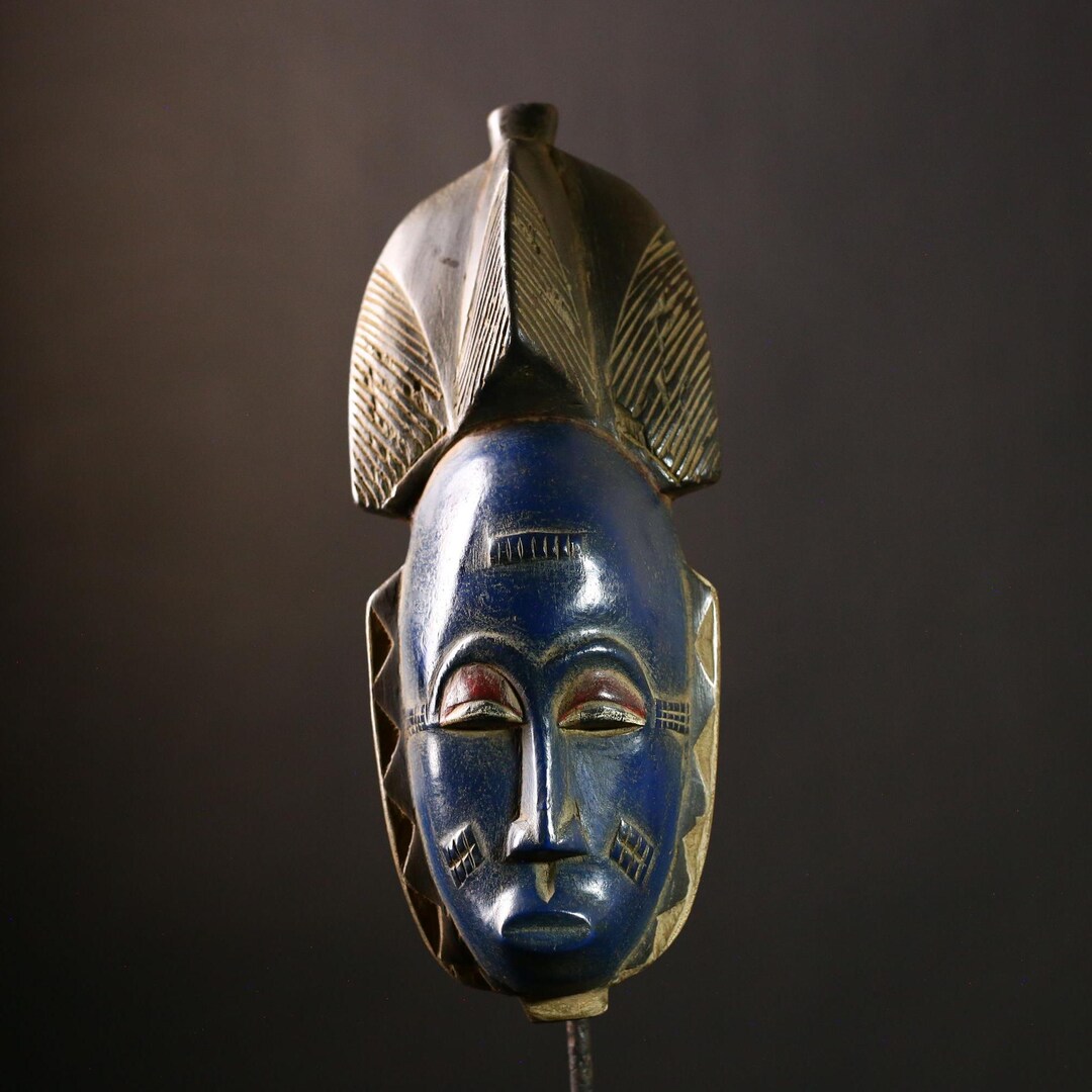 African Baule Mask Blue Face Tribal Wall Art Carved Wood Sculpture With ...