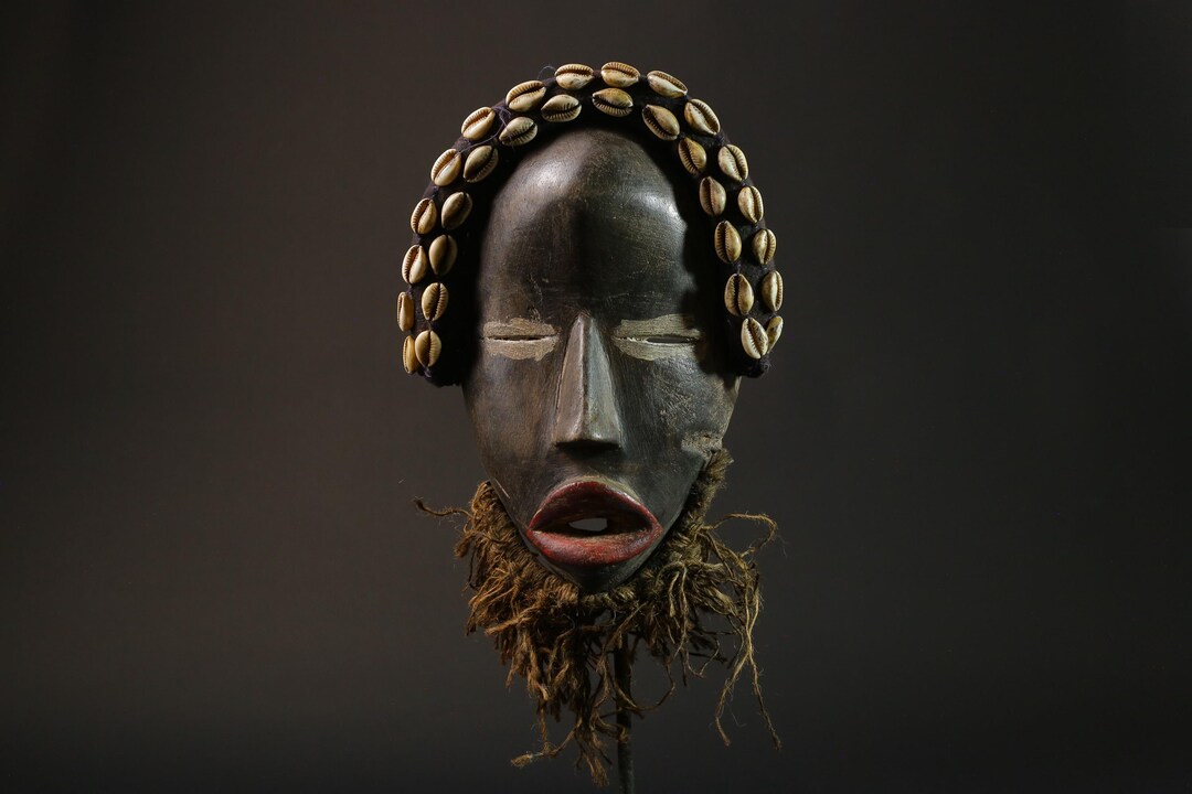 African Dan Mask: Cowrie Shells, Raffia Beard - West African Wall Art ...