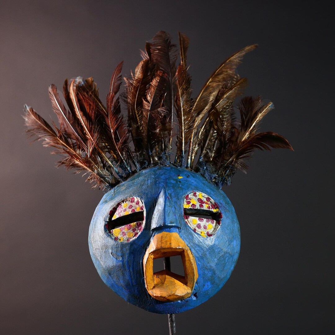 African Bwa Spirit Mask Round Blue Face Mask With Feathers Tribal ...