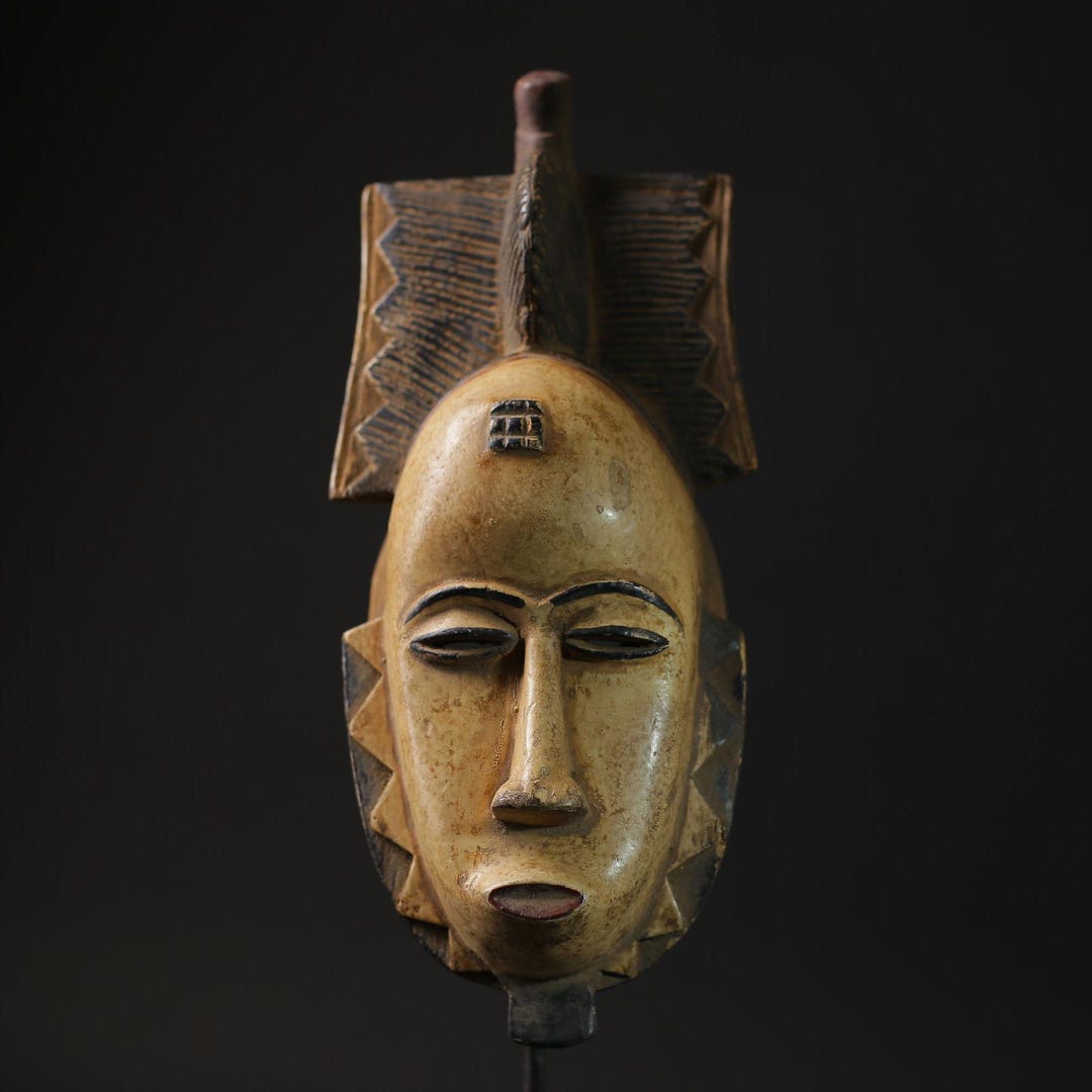 African Baule Comb-crest Wood Tribal Face Mask Ritual Art Decor Home ...