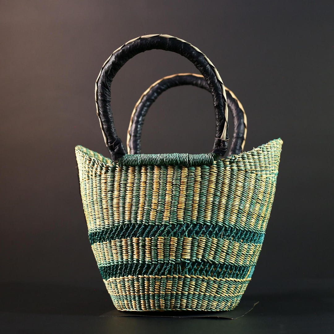 Handwoven Bolga Market Basket: Green Straw Tote Bag With Leather Handle ...