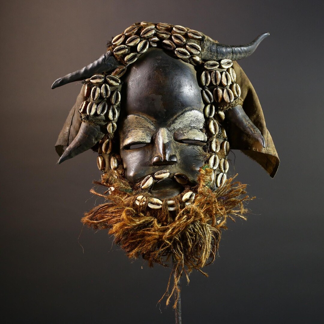 African Dan Mask: Horns, Cowrie Shells, Raffia Beard - Liberia-g5674 - Etsy