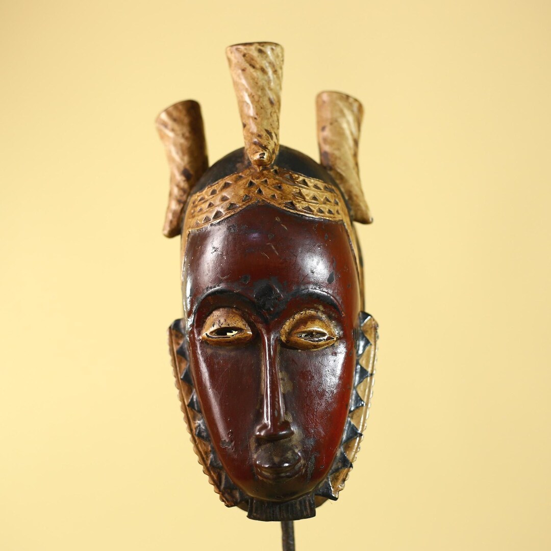 Vintage African Mask Baule Tribal Art With Triple Horn Crest Hand ...