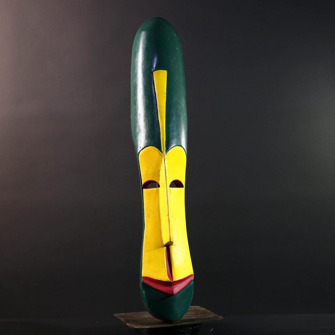 African Wall Mask Tall Fang Mask Tribal Face Art Yellow Green Carved ...