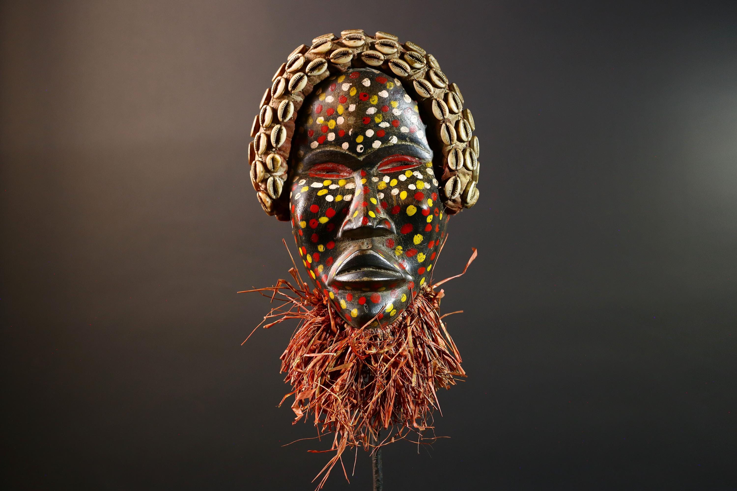 Hand-carved African Cowrie Shell Mask: Tribal Wooden Wall Art With ...