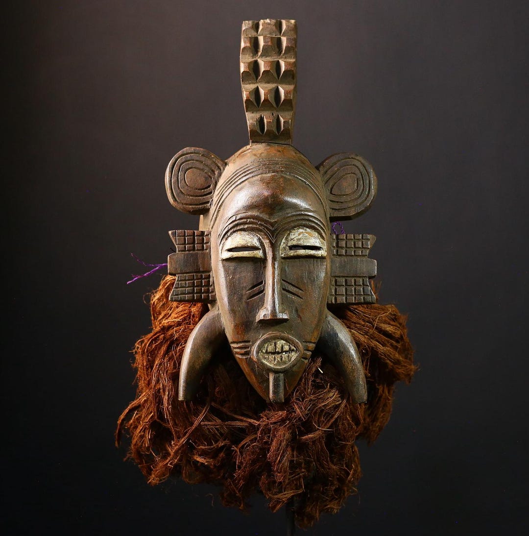 African Senufo Kpelie Mask Carved Wood Tribal Face Ceremonial Decor ...