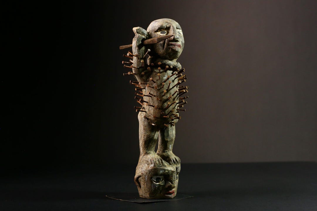 African Kongo Nkisi Nkondi Hand-carved Wooden Sculpture Unique Tribal ...