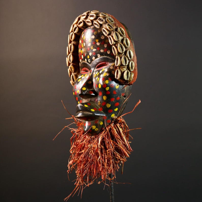 Hand-carved African Cowrie Shell Mask: Tribal Wooden Wall Art With ...