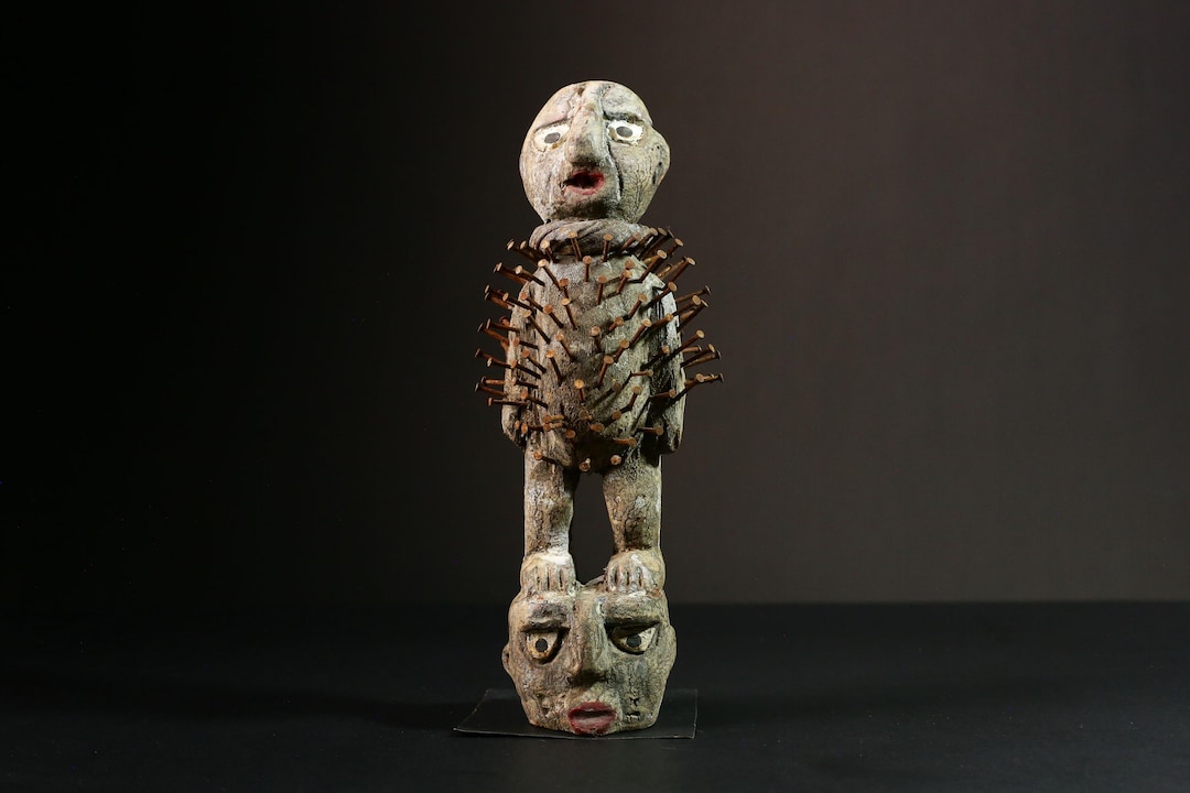 African Nkisi N'kondi Hand Carved Wood Figure - Unique Voodoo Statue ...