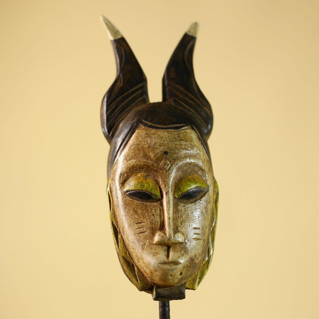 Vintage African Baule Mask With Tall Horned Crest Collectible Ethnic ...